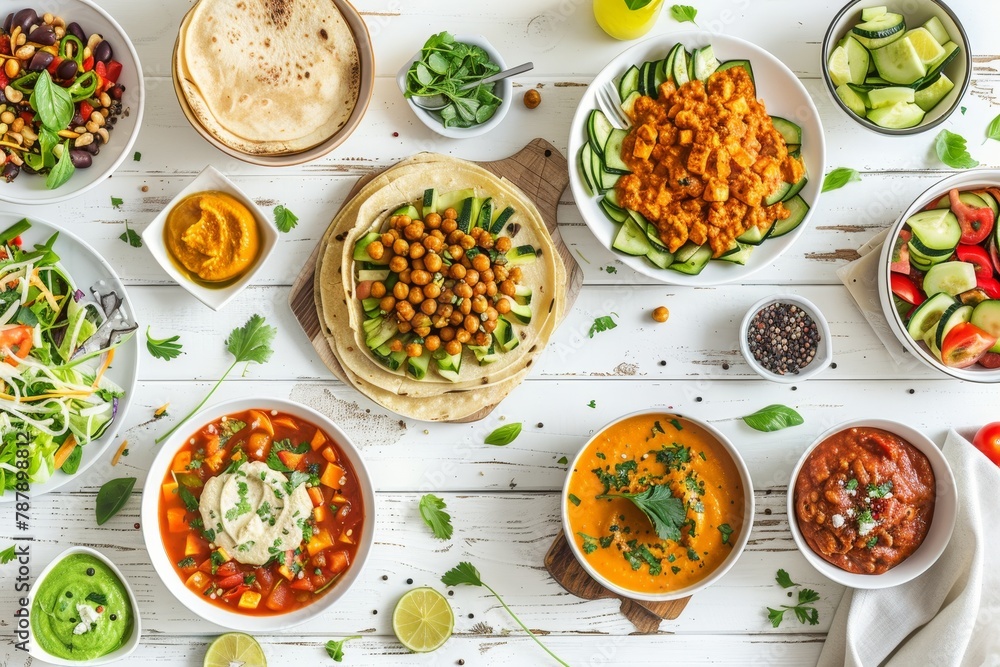 Overview of plant based vegetarian meal spread on white wood table ...