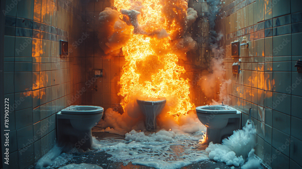 an office toilet cubicle in flames after being hit by a tank shell ...