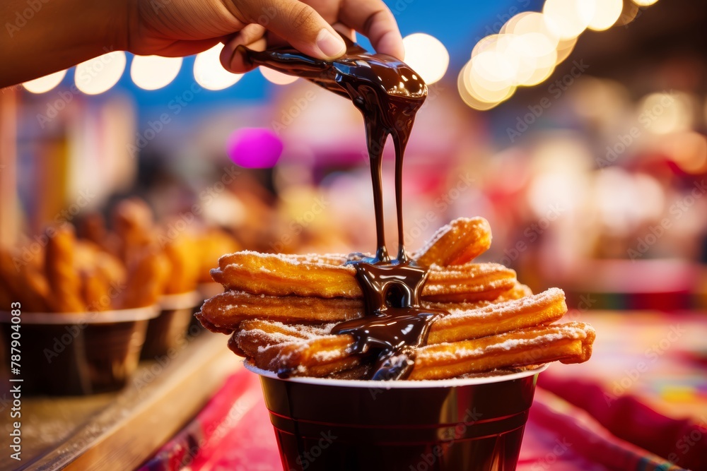 Close-up photo of a person's hand dipping a crispy churro into a cup of ...