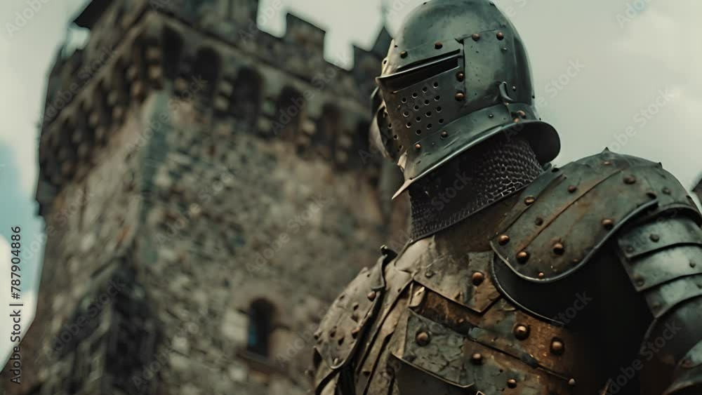Knight in full armor stands before a medieval tower. The concept of ...