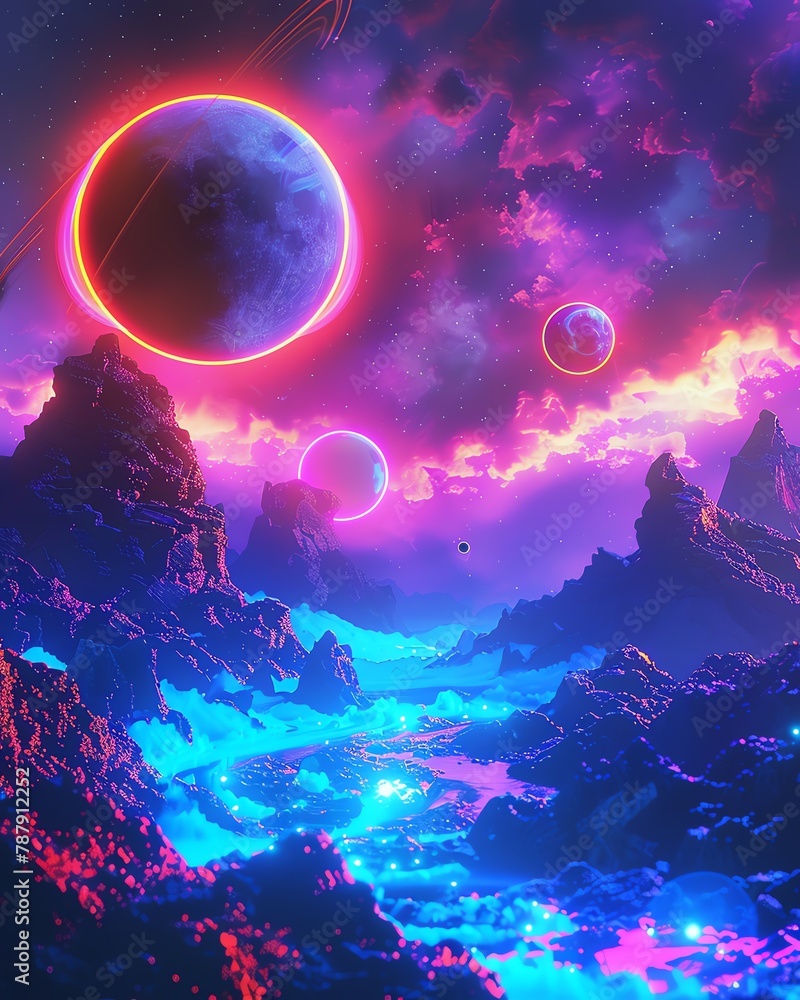 Illustrate a surreal galaxy wonderland in a tilted angle view, blending ...