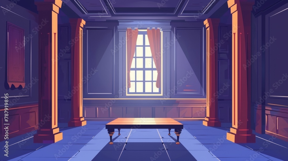 Castle room interior with dinner on table. Fantasy king palace hall for ...