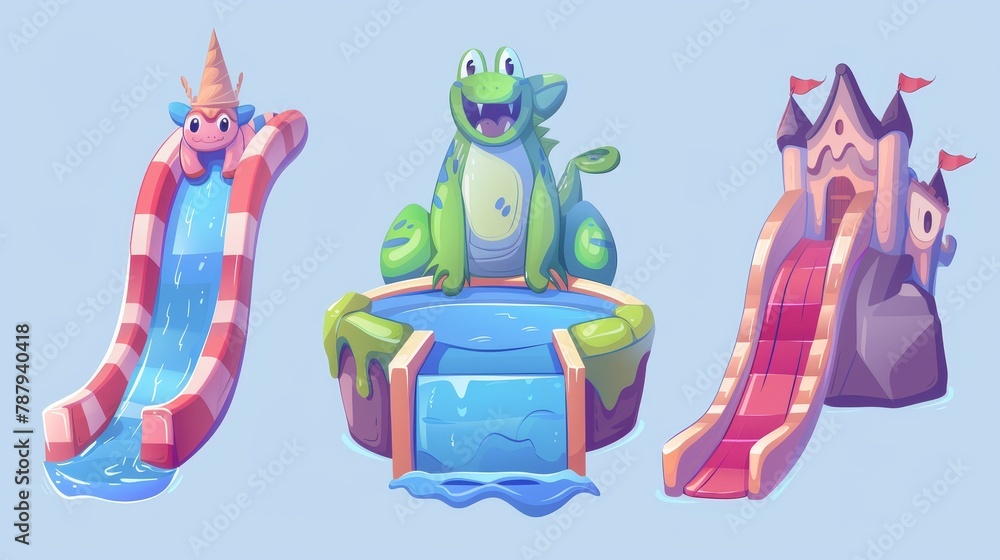 Animated aquapark slide modern icon set. Cartoon water slide with pool ...