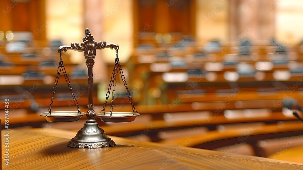 Scales of Justice in Focus Inside a Courtroom Setting, Symbolizing Law ...