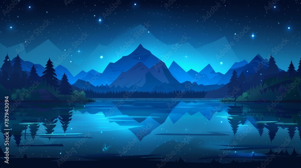 An aerial view of a night mountain landscape overlooking the sea bay ...