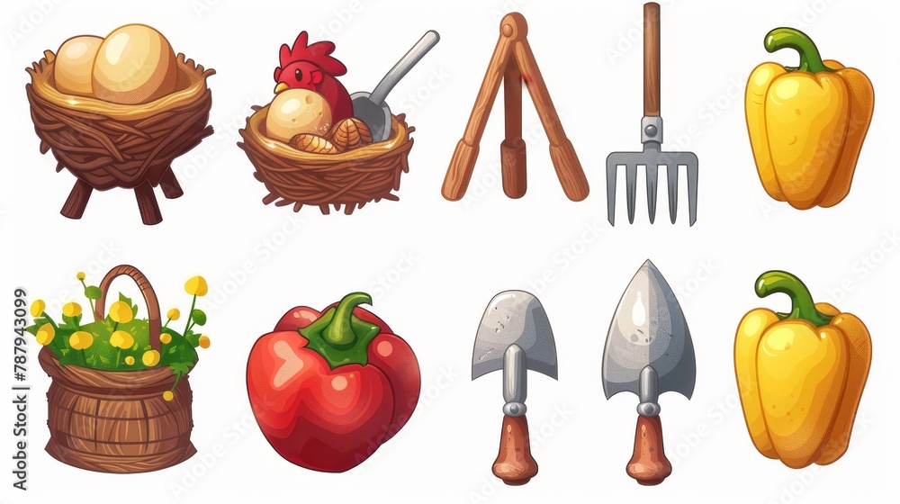 Various farming tools and crops in a cartoon modern prop collection ...