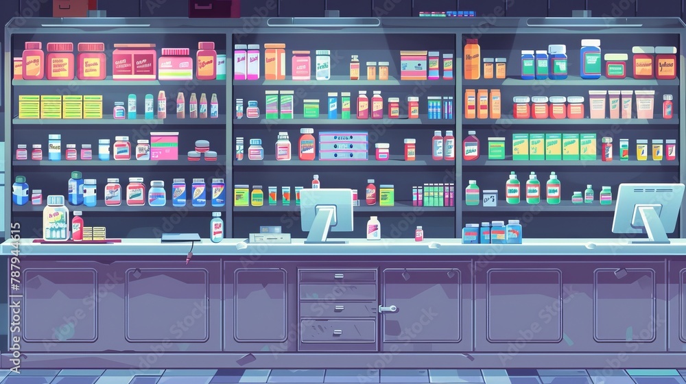 Pharmacy interior set - shelves and racks with boxes, tubes, jars, cash ...