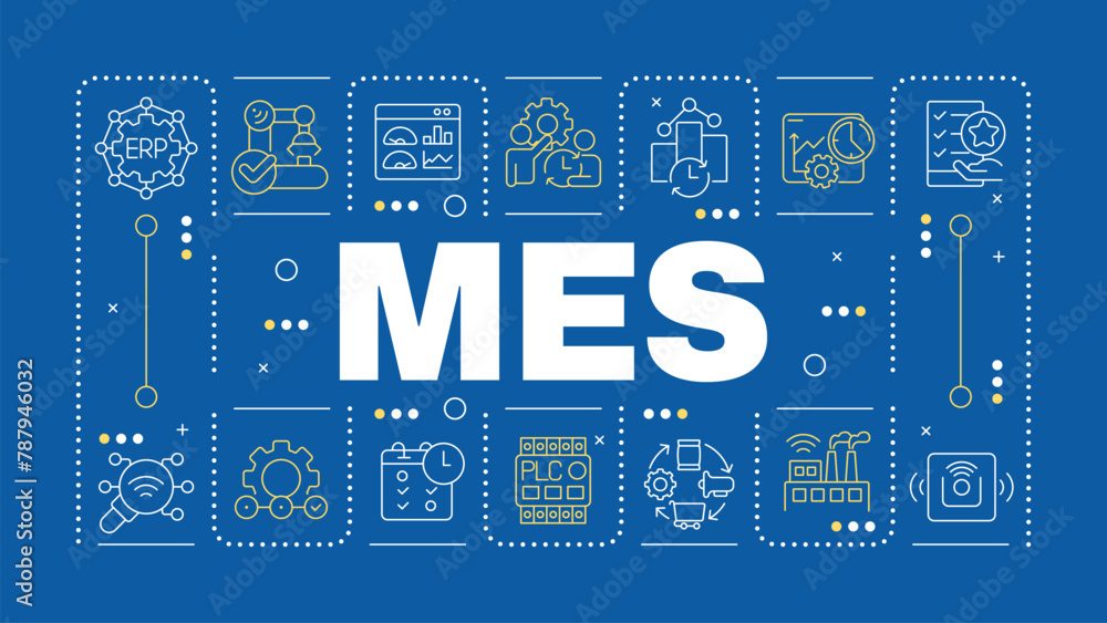 MES blue word concept. Smart factory technology. Productivity enhance ...