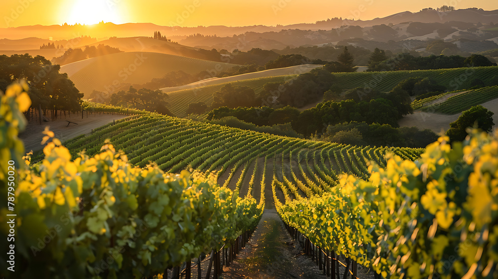 A picturesque European vineyard landscape featuring rolling hills, lush ...