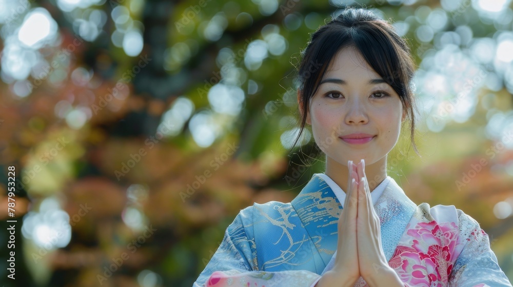 Cute Asian woman with namaste hands, prayer hands pose, or the prayer ...
