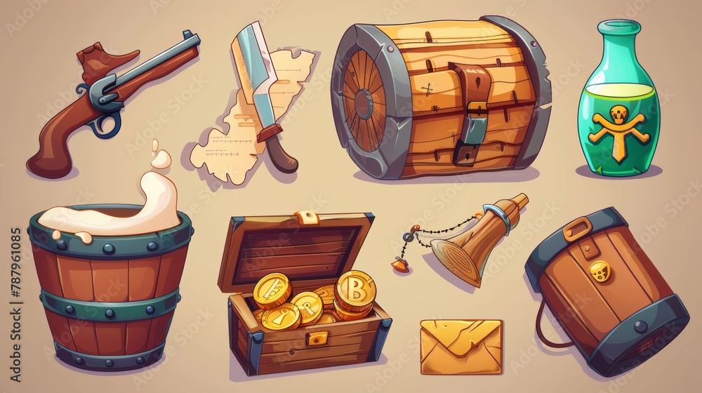This set of pirate game UI icons includes cartoon modern weapons ...