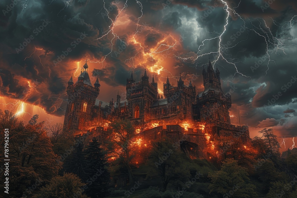 Dark, turbulent clouds swirling over a medieval castle, lightning ...