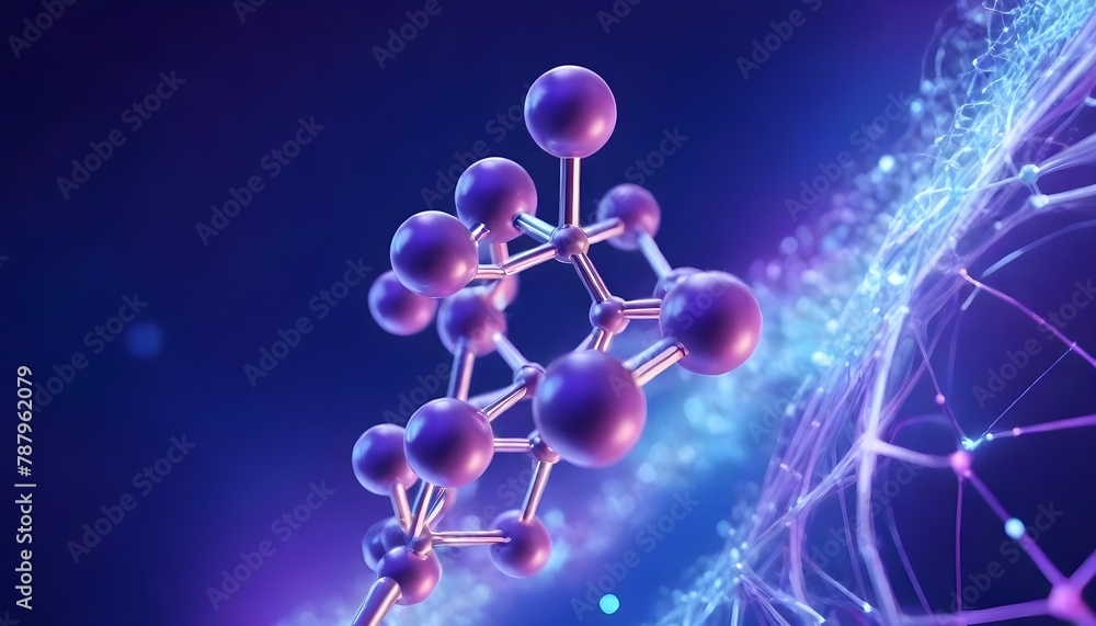 A close-up of a stylized molecular structure with spherical nodes ...