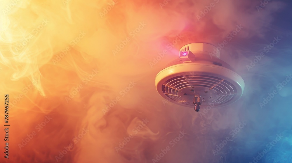 Smoke detector and fire alarm in action background with copy space ...