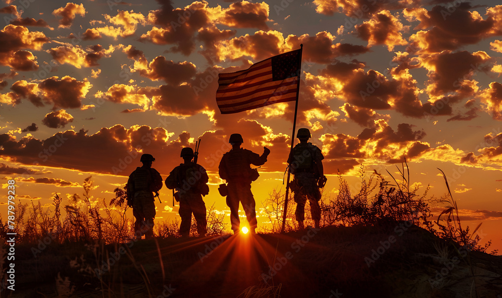 Silhouetted soldiers standing with a flag against a dramatic sunset sky ...