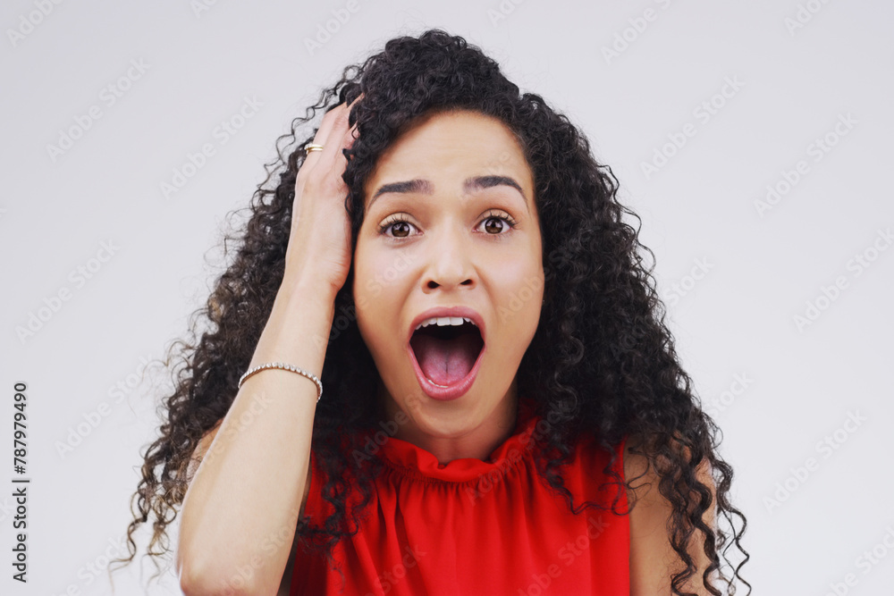 Studio background, surprised or shocked woman in portrait with mockup ...