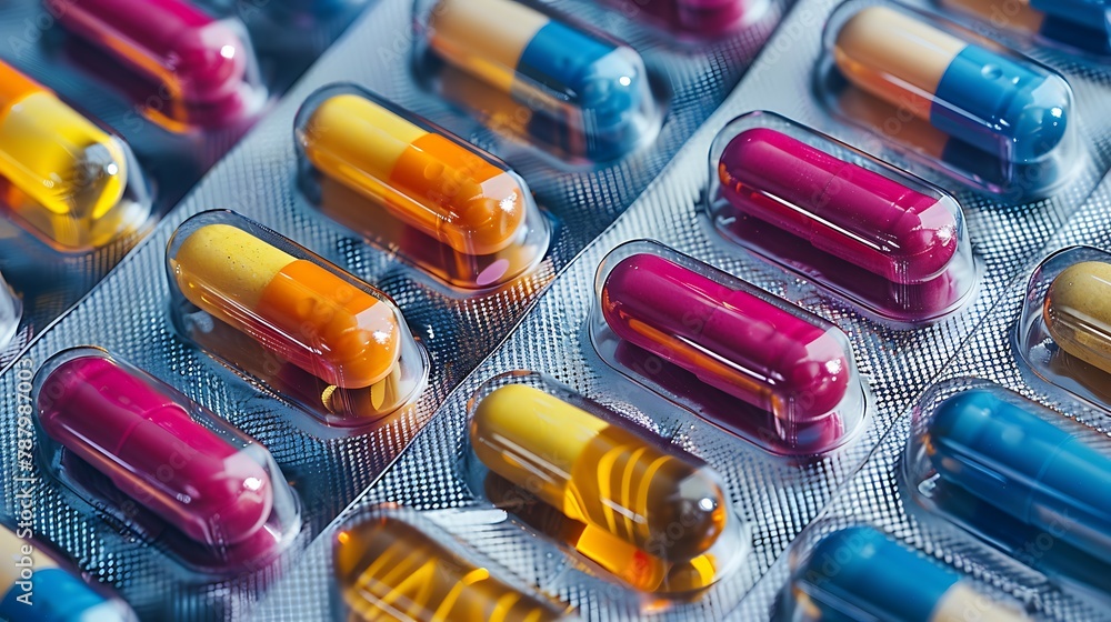 Top view of colorful antibiotic capsule pills in blister pack ...