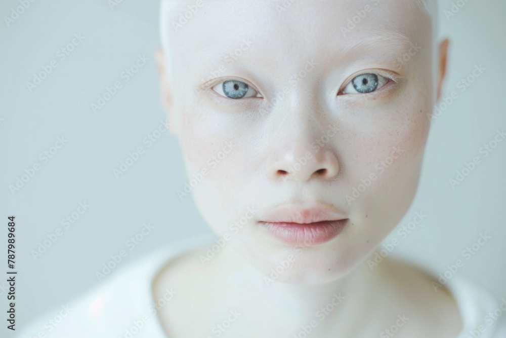 Ethereal close-up portrait of an albino person with piercing blue eyes ...