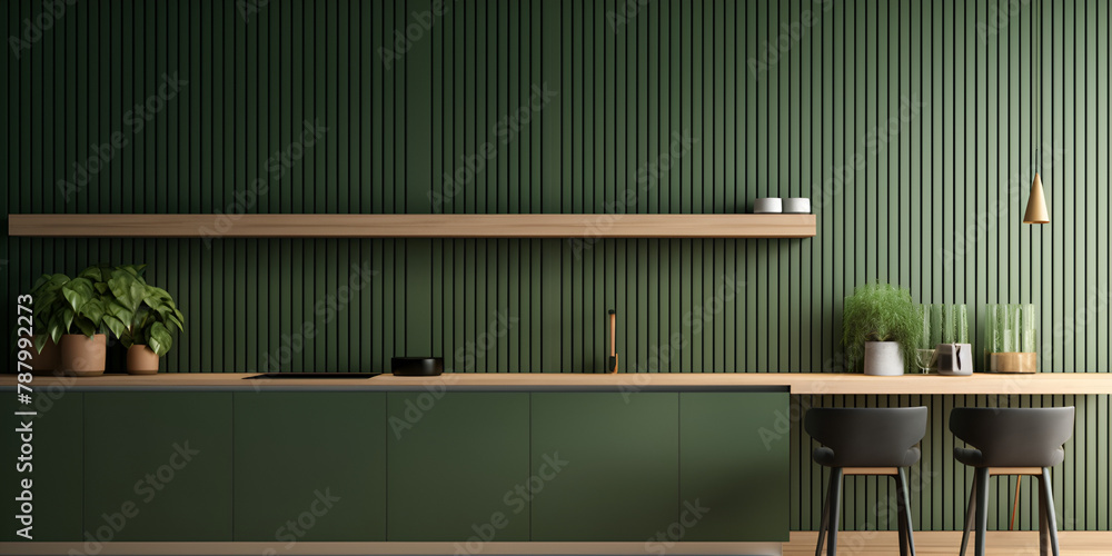 Green wall panelling with wooden shelf in kitchen room Green kitchen ...