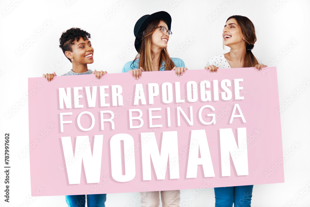 Women, sign and board for feminism in studio, female rights and opinion ...