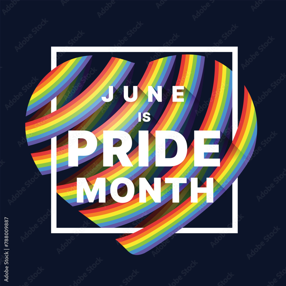 June is pride month - Text in white line frame with cross long rainbow ...