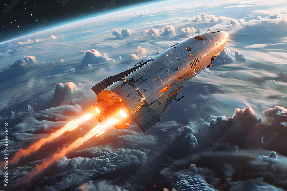 the spaceship descends through the atmosphere, its heat shield glowing ...