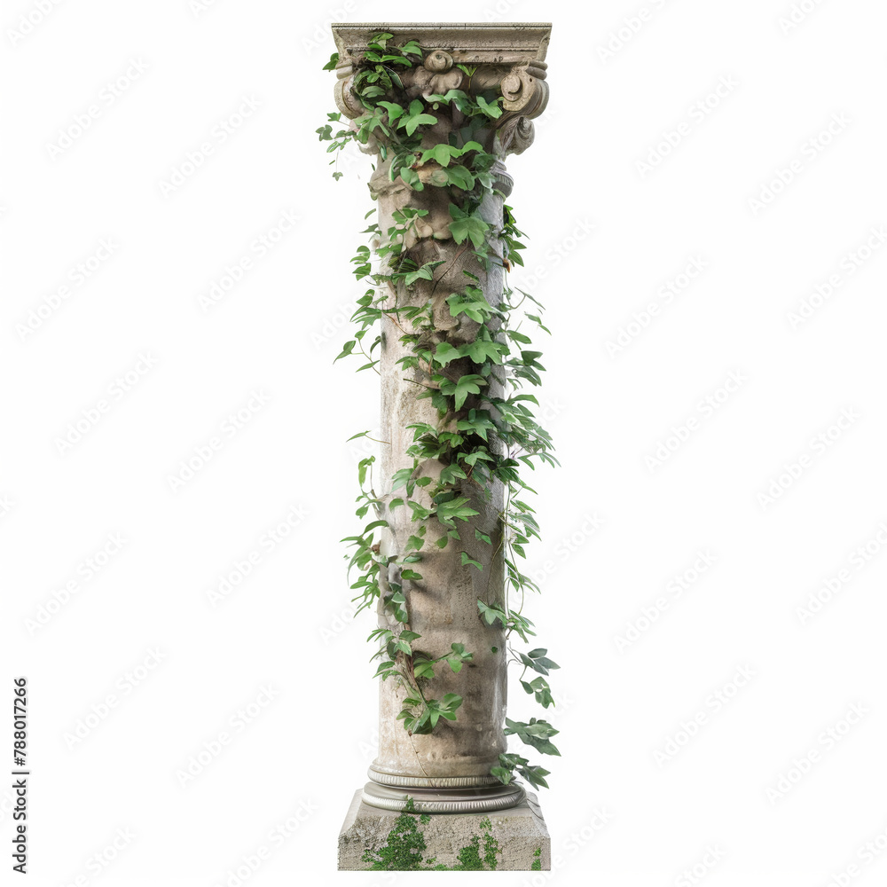 Pillar, vines and greek columns in nature on studio ecology for growing ...