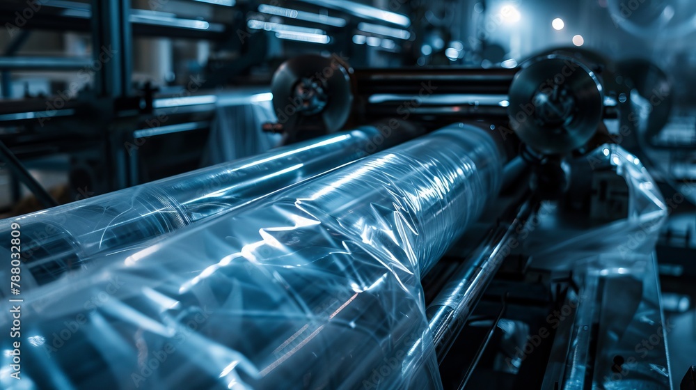 A close-up of a polyethylene plastic bag production machine highlighted ...