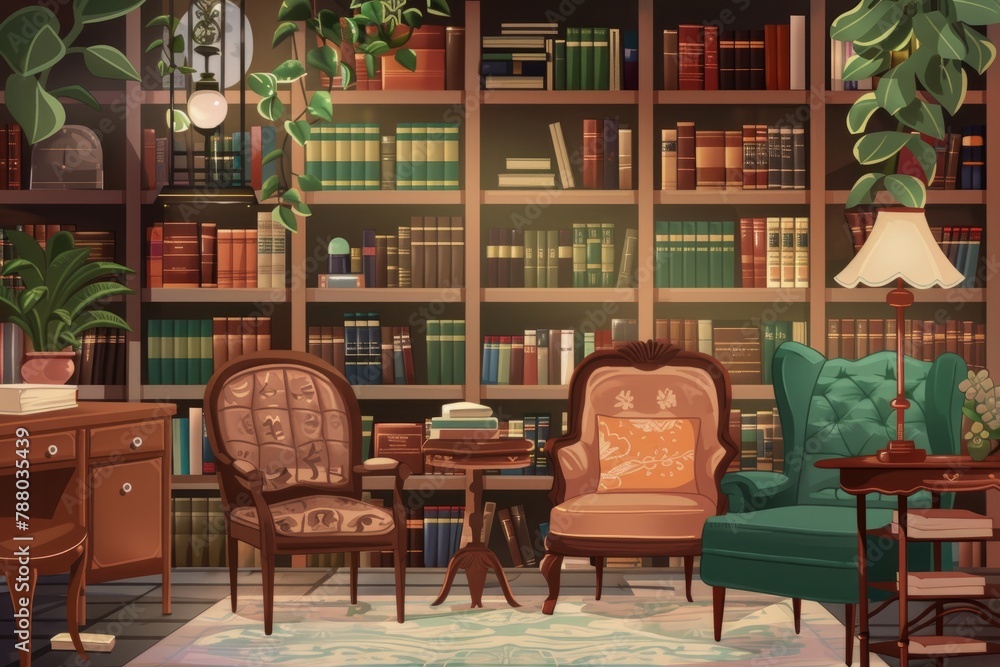 A retro-inspired public library illustration featuring vintage decor ...