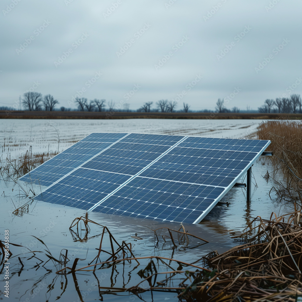 Solar power panels outdoors in a flooded field due to high rainfall ...