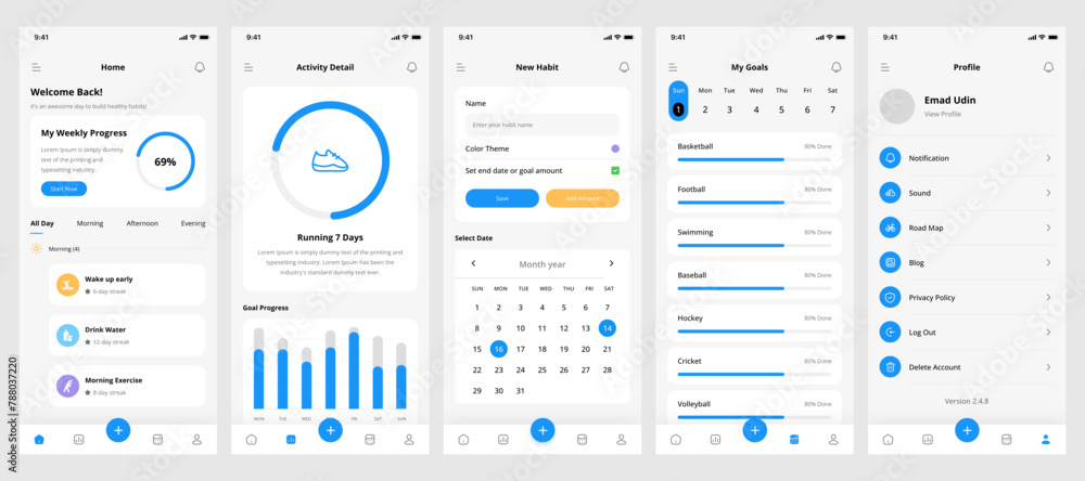 Profile Screen, Motivation Progress and Tracking, Activity Achievement ...