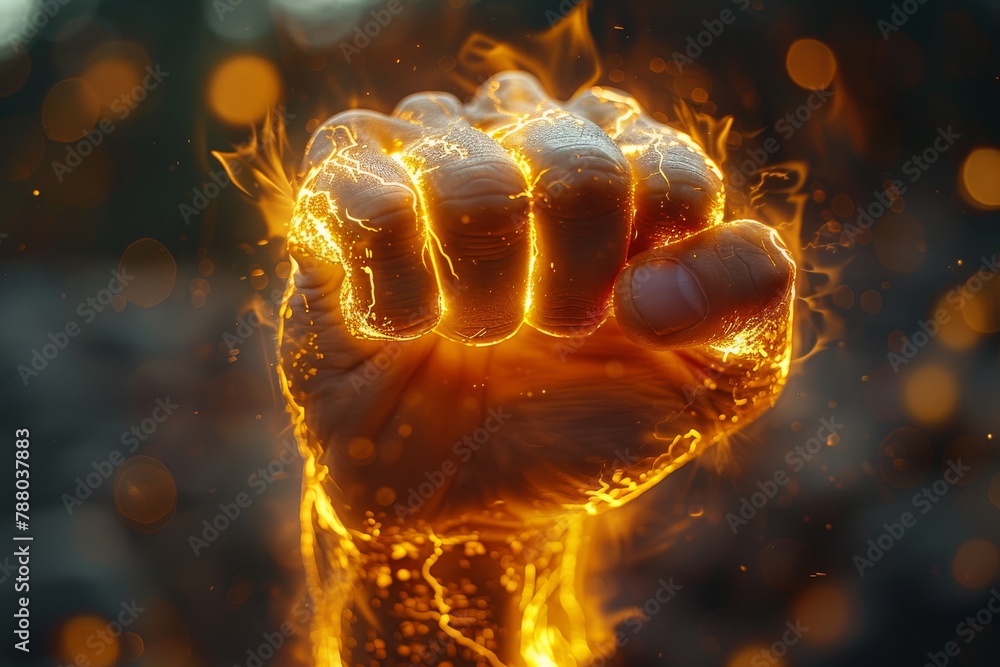 A clenched fist radiates a fiery energy against a bokeh background ...