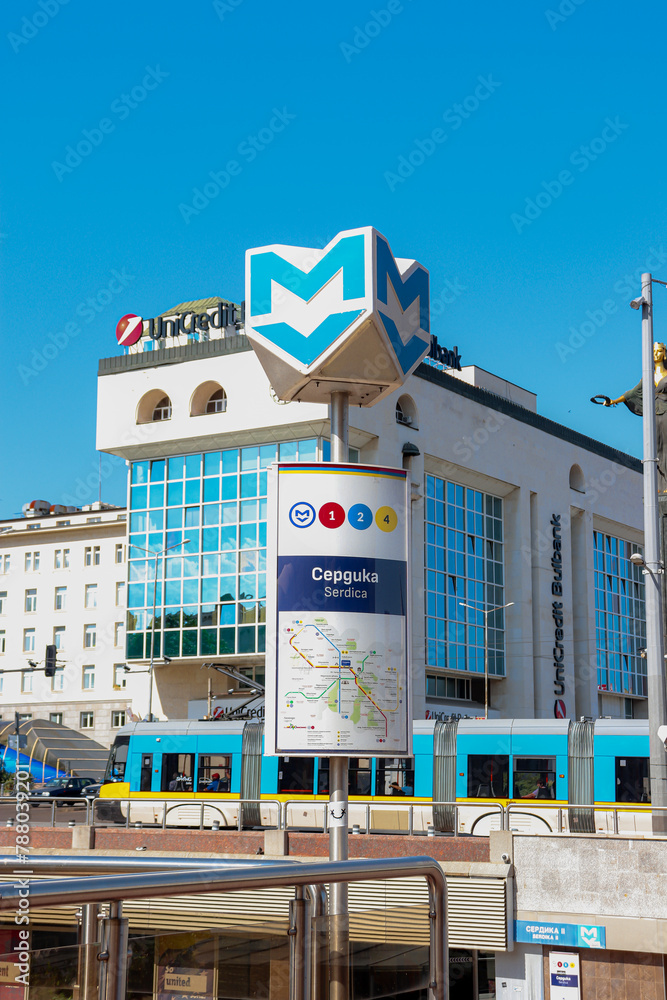 Sofia, Bulgaria- August 19, 2023: Serdika (Serdica) underground Metro Station entrance sign in ...