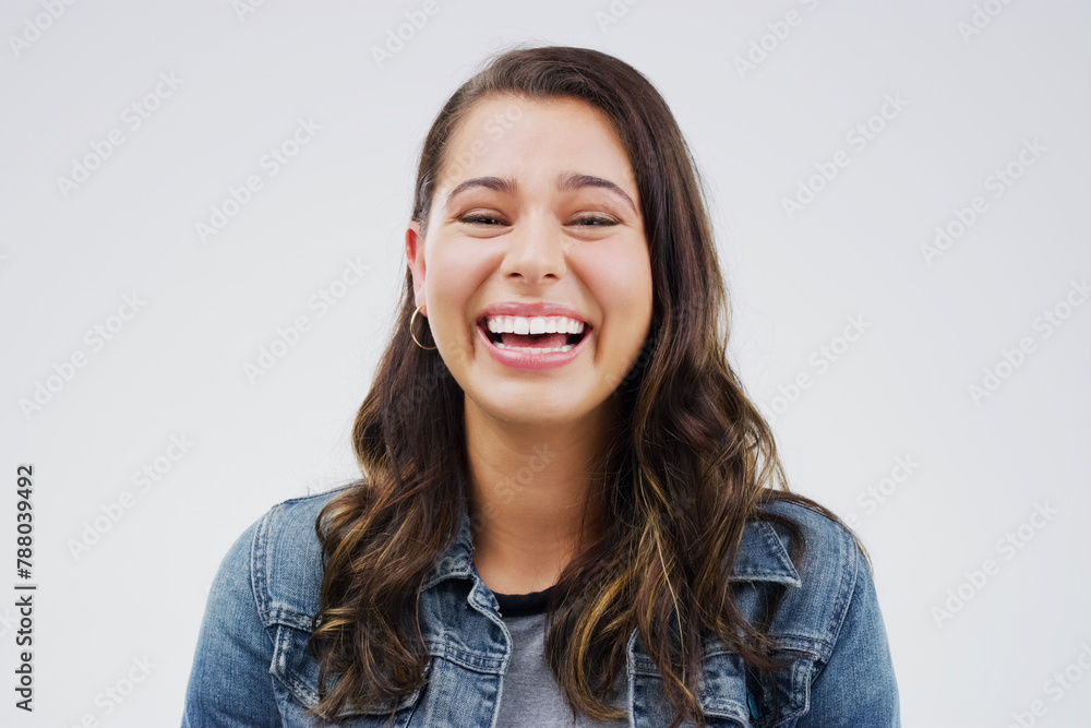 Portrait, woman and happy with laugh by studio background for mockup ...