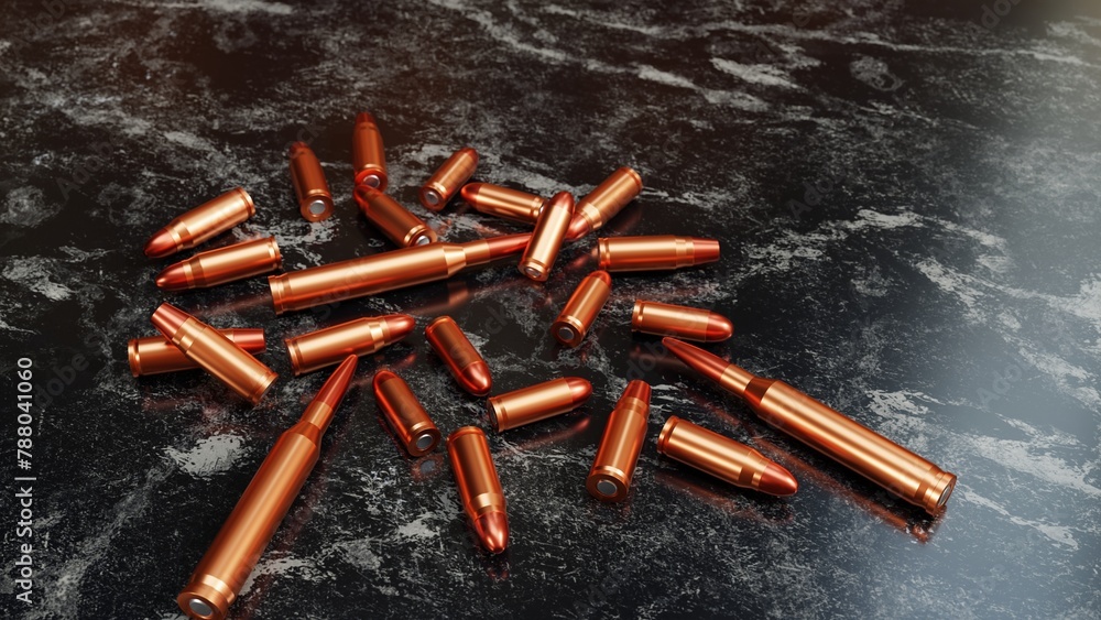 Pistol bullets placed on dark floor. Rifle cartridges close-up 3d ...