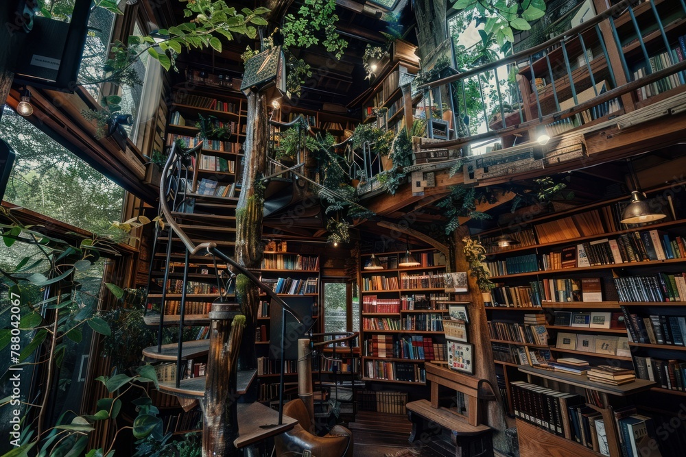 A whimsical public library scene set in a fantasy world, with magical ...