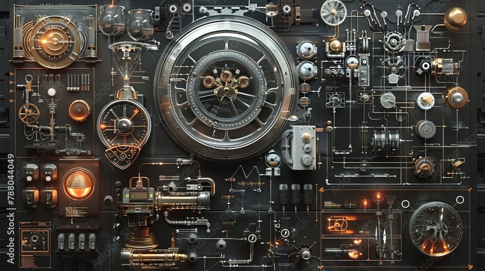 Design sheet with 9 designs showcasing various stages of a time machine ...