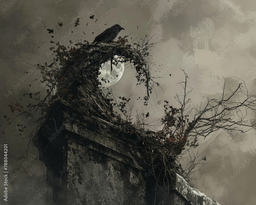 Artistic illustration of a grave, where a weird character emerges with ...