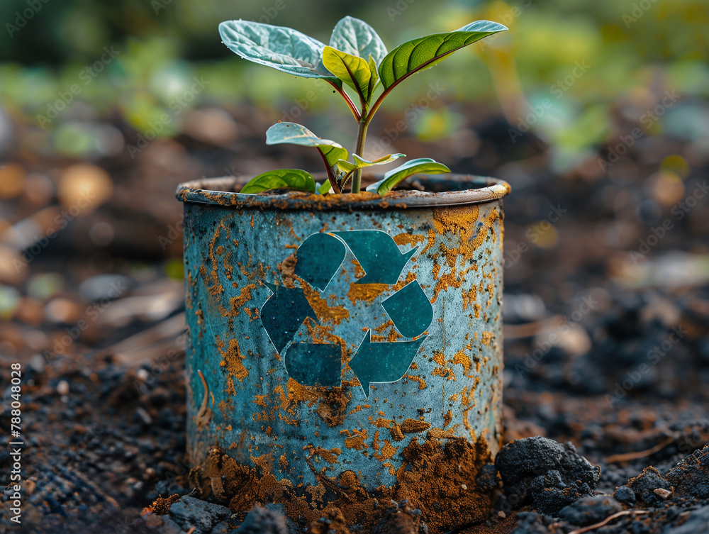 Environmental Protection; recycling symbol, young plant sprouting from ...