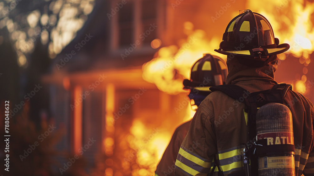 firefighters face a raging house fire, their silhouettes set against ...