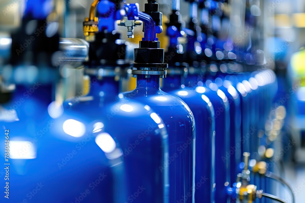 Blue oxygen tanks. Bundle of gas cylinder and high pressure gauges ...