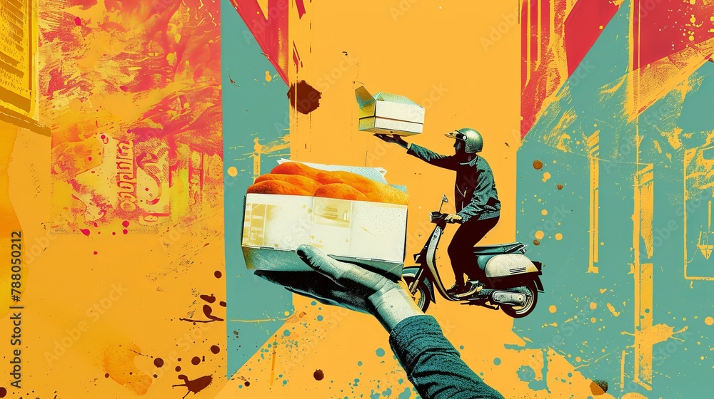 An art collage depicting a modern pop art style hand holding a takeaway ...