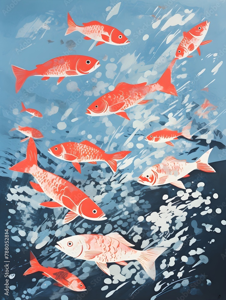 Nordic Aesthetic Ocean with a school of fishes digital art painting ...