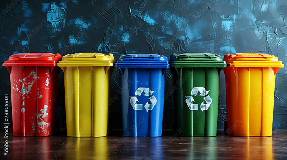 A row of trash cans with different colored lids and with a recycling ...