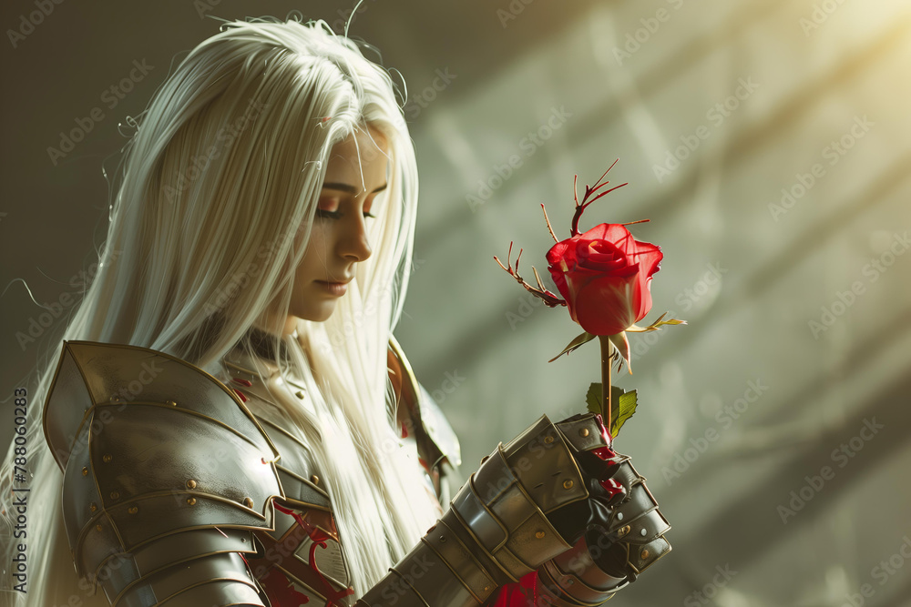 woman with long white hair is wearing knight armor. Cinematic light ...