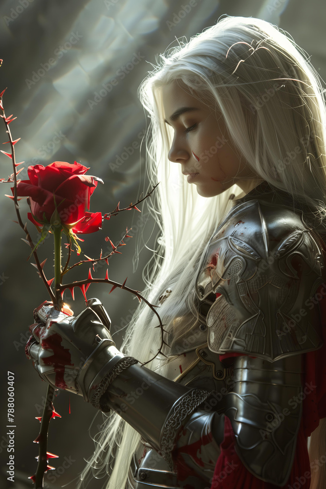 woman with long white hair is wearing knight armor. Cinematic light ...