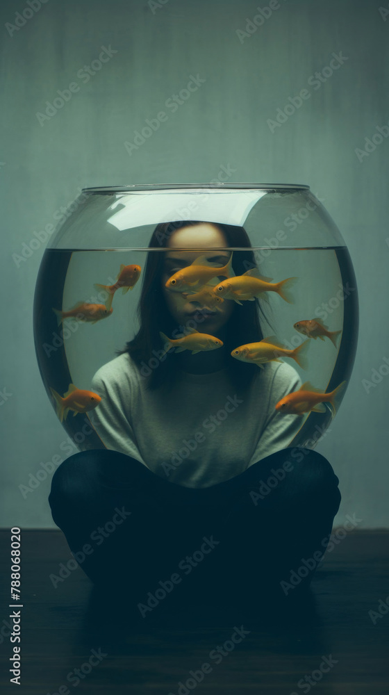 Fishbowl, head and person with depression, memory or anxiety for mental ...