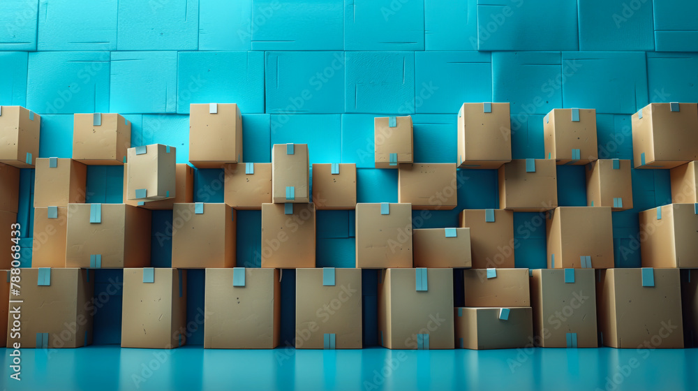 A stack of cardboard boxes is piled up against a blue wall. The boxes ...