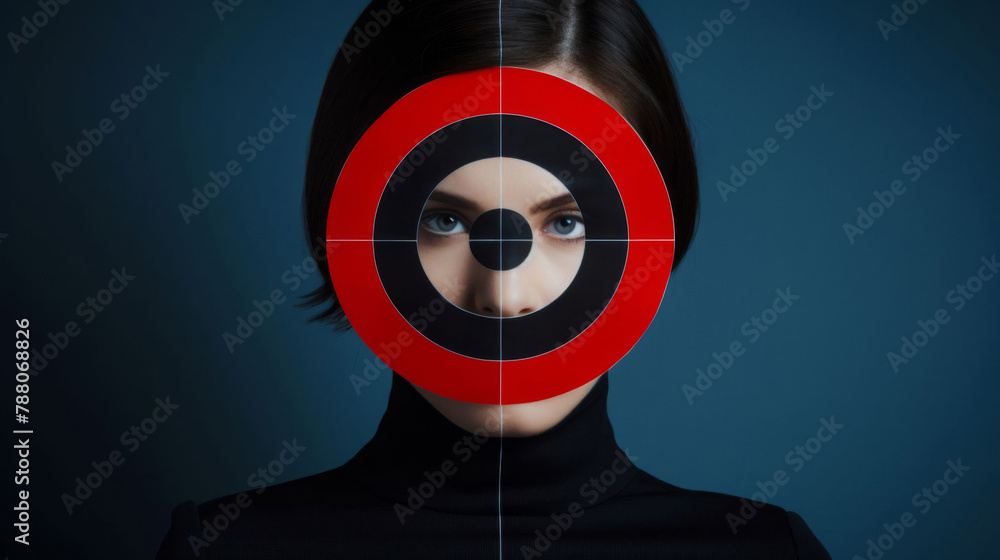 Bullseye, beauty and portrait of woman on blue background for wellness ...