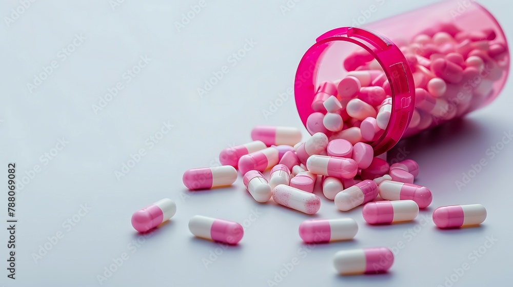 Pink-white capsule pills spread out of drug bottle. Antipsychotic drug ...
